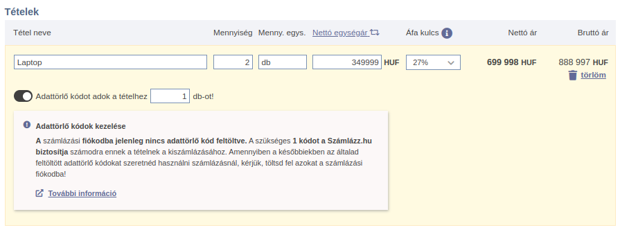 A NAV-tól igényelt adattörlő kódok feltöltése és automatikus felhasználása