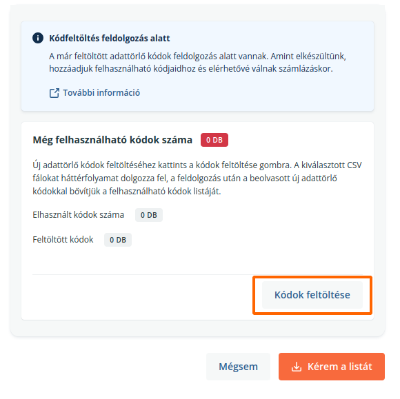 A NAV-tól igényelt adattörlő kódok feltöltése és automatikus felhasználása